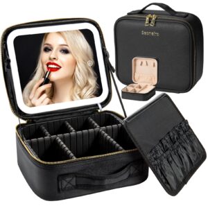 seoneiro makeup travel bag with led lighted mirror adjustable brightness portable waterproof makeup case with adjustable dividers, make up train case organizer makeup brush accessories and tool case