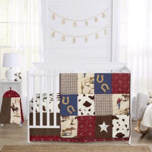 sweet jojo designs tan brown western cowboy boy baby crib bedding set infant nursery room quilt fitted sheet skirt diaper stacker - 5pc - red southern country chocolate blue and white wild west horse