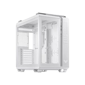 asus tuf gaming gt502 white atx mid-tower computer case,front panel rgb button,usb 3.2 type-c,2x usb 3.0 ports,tool-free side panel,argb hub, 360mm and 280mm radiator compatible, fabric handle on top.