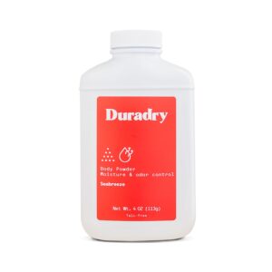 duradry body powder - sweat defense & odor control, sweat absorbing, anti-chaffing, all natural powder, talc-free, prevents and eliminates any body odor naturally - seabreeze, 4oz