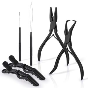 ehdis hair extension beading tool kit stainless steel hair extensions micro link bead closer and remover pliers set, beads hair pulling hook & micro ring loop tool set (black)