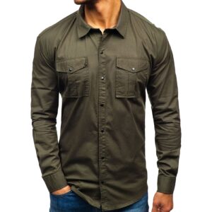 men's long sleeve hiking shirts lightweight tactical button down cargo shirt plain slim fit shirt with pockets (armygreen,3x-large)