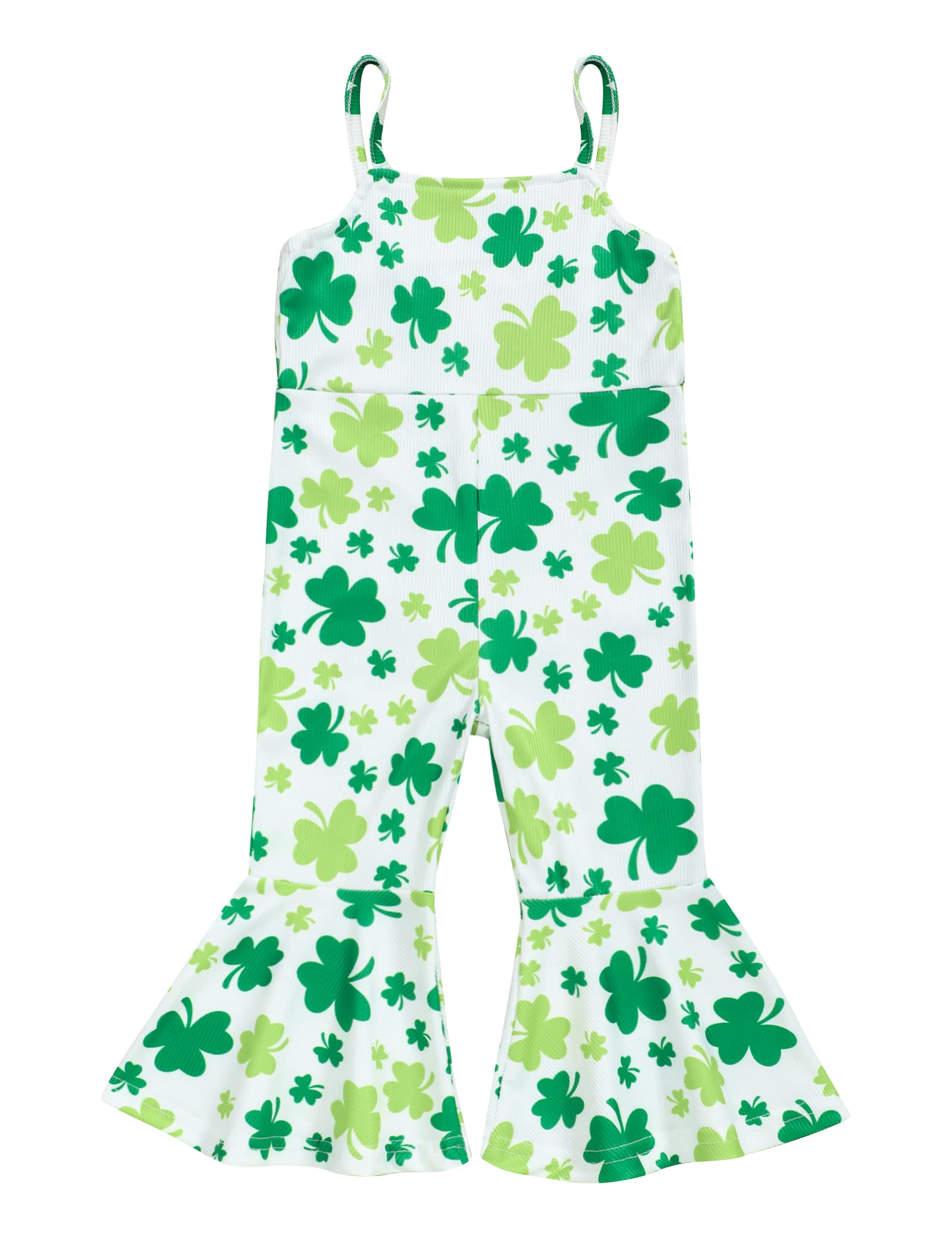 Sinda Toddler Baby Girl St. Patrick's Day Outfit Lucky Clover Print Sleeveless Bell-bottom Pants St.Patrick's Day Jumpsuit