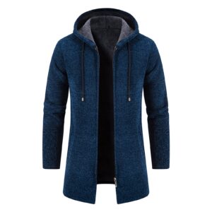 mens solid knit hooded cardigan full zip long open front sweater slim fit casual lightweight longline cardigans (dark blue,x-large)