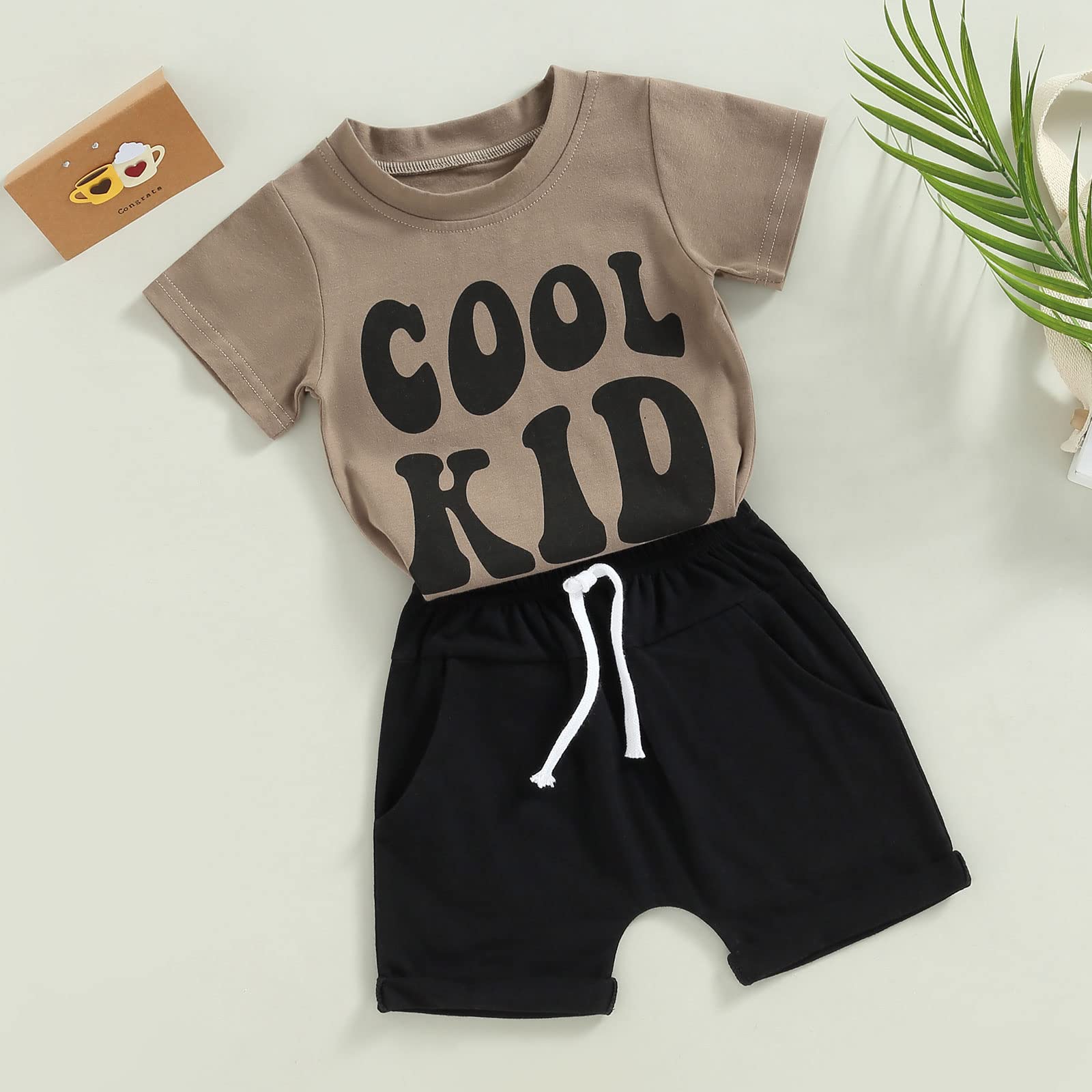 Bagilaanoe Summer Outfits Toddler Baby Boys Letter Printed Short Sleeve T-Shirt Tops and Shorts Pants 2PCS Clothes Set (Coffee, 0-6 Months)