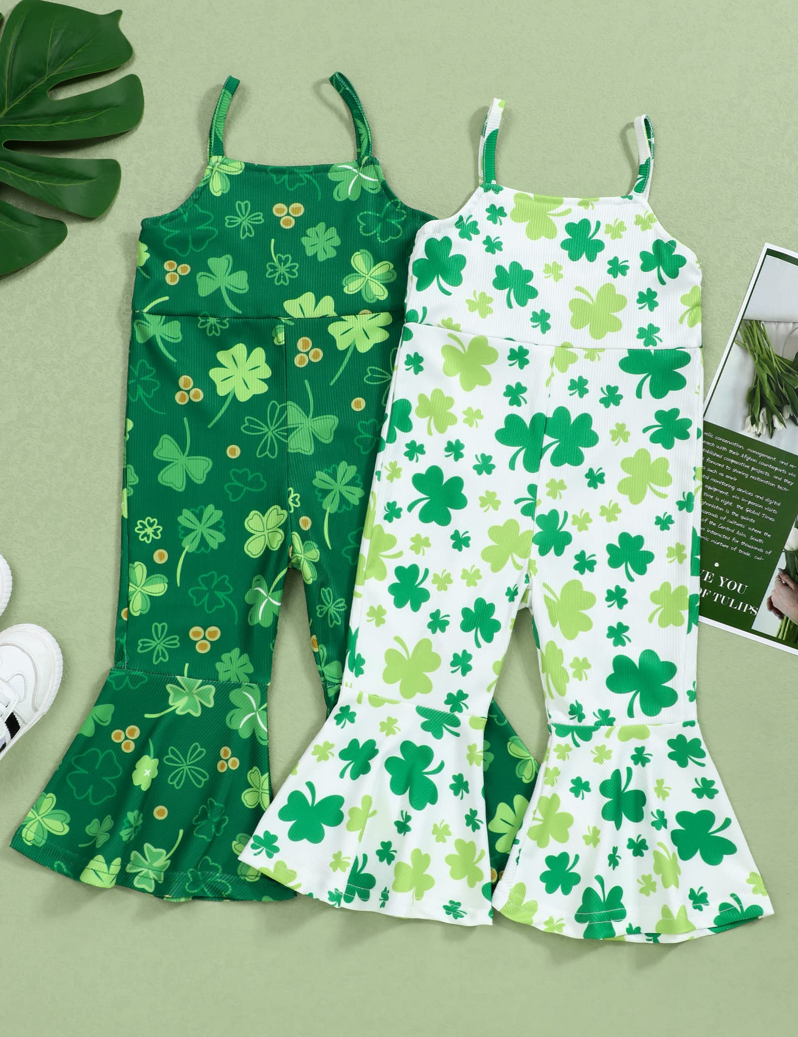 Sinda Toddler Baby Girl St. Patrick's Day Outfit Lucky Clover Print Sleeveless Bell-bottom Pants St.Patrick's Day Jumpsuit