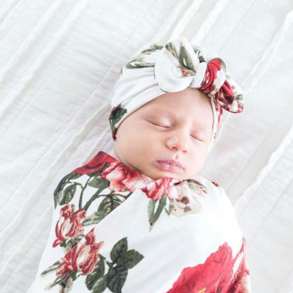 Wrap Turban Set Soft Baby Hat Swaddle Floral Blanket Sleeping Newborn Infant Kids Blankets Airplane Blanket Design (Red, S)