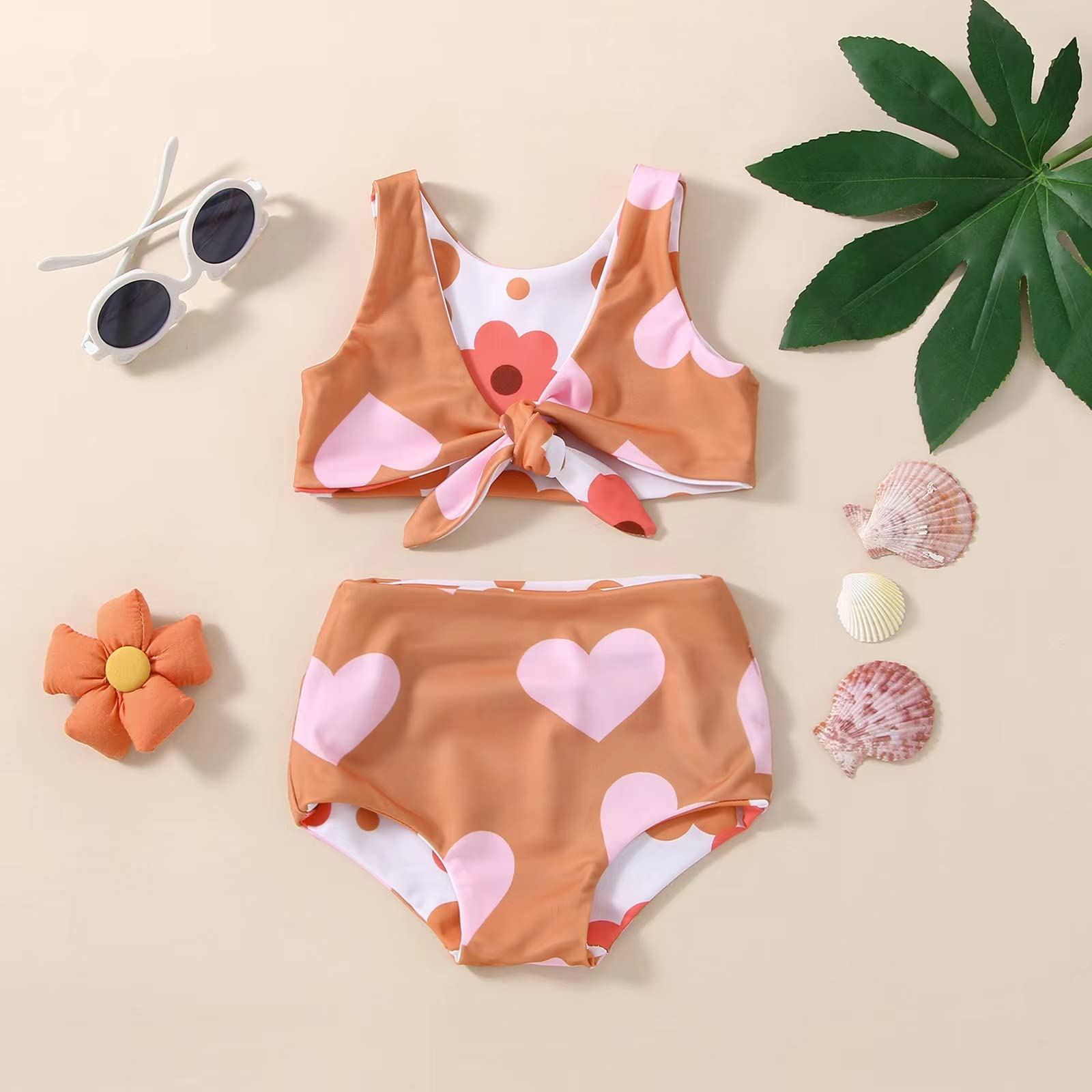 Toddler Baby Girls Two Piece Swimsuit Bikini Sleeveless Floral Heart Print Two Sided Swimwear Backless Tankini (Pink# Flower/Heart, 0-6 Months)