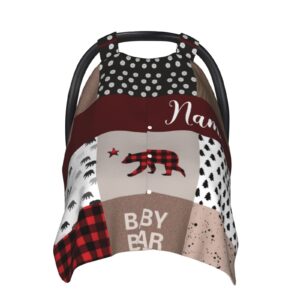 personalized baby car seat canopy with name, custom name car seat covers for boys girls, opening minky nursing breastfeeding stroller cover infant carseat canopies for newborn (woodland bear red)