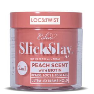 esha slick n slay braiding gel - 3-in-1 ultra extreme hold hydrating & conditioning shining fast dry locking gel for locs, twists, braids, and edges (peach, 17 oz.)