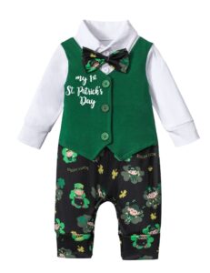 wiqi toddler boy st. patrick's day clothes long sleeve st. pat's day shirt romper jumpsuit+ bow tie baby boy st. patrick's day outfit