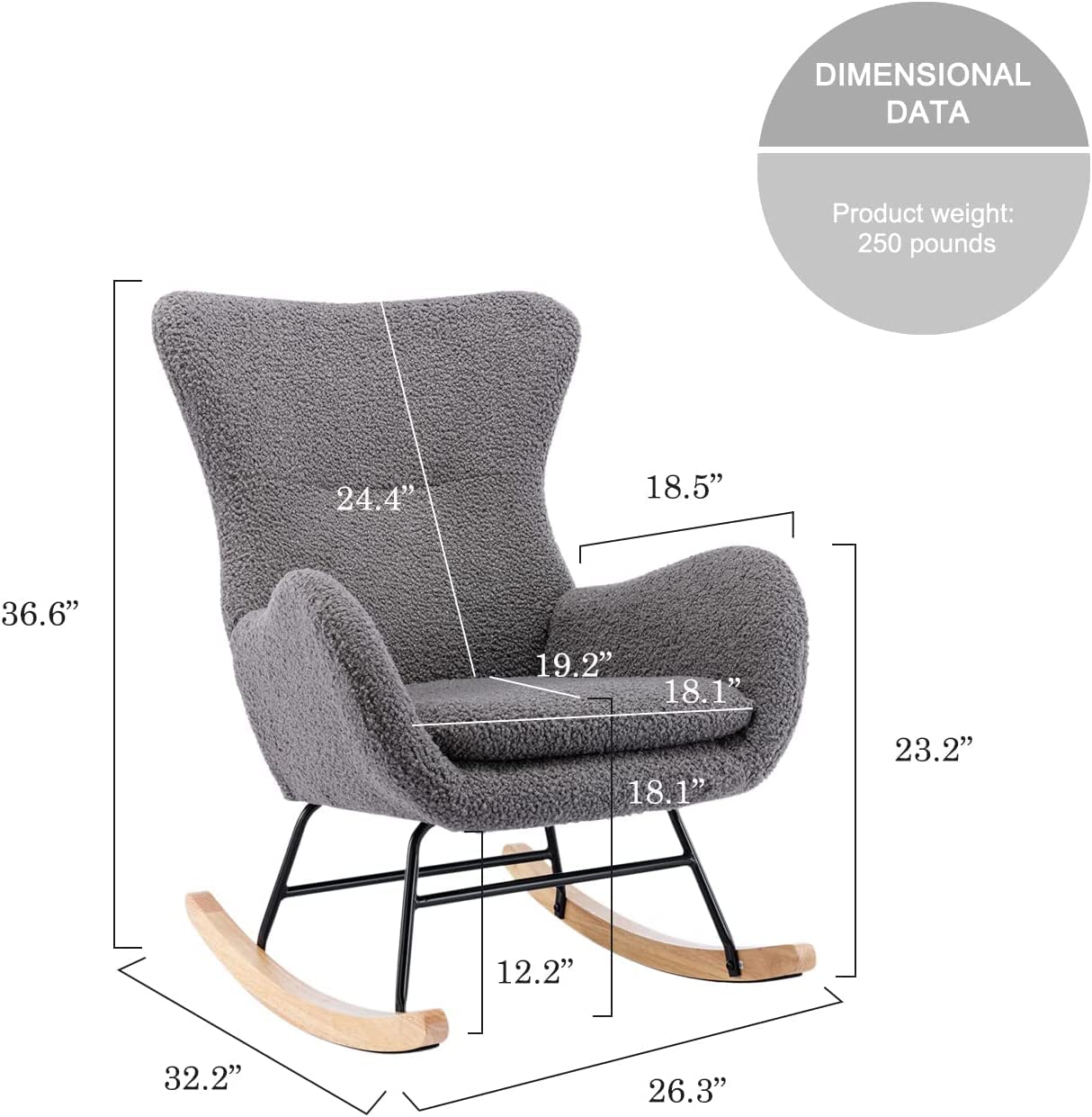 Qtivii Modern Rocking Chair, Comfy Uplostered Accent Chair with High Backrest and Armrests, Rocker Glider Chair for Nursery(Grey)