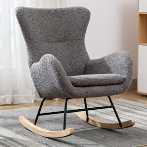 qtivii modern rocking chair, comfy uplostered accent chair with high backrest and armrests, rocker glider chair for nursery(grey)