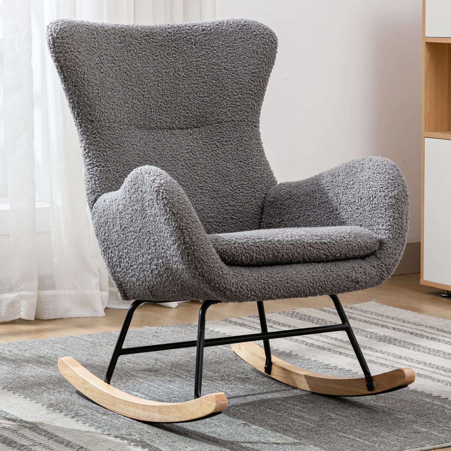 Qtivii Modern Rocking Chair, Comfy Uplostered Accent Chair with High Backrest and Armrests, Rocker Glider Chair for Nursery(Grey)