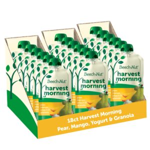 beech-nut toddler food breakfast pouches, pear mango with yogurt & granola puree, 3.5 oz (18 pack)