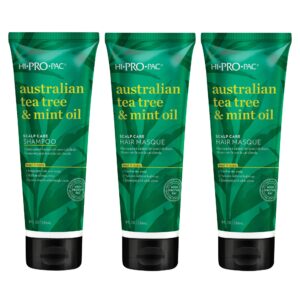 hi-pro-pac australian tea tree and mint oil shampoo and hair masque (3-pack) - hydrating scalp care and hair treatment for dry hair, enhances shine