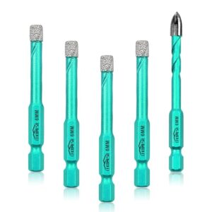 lekomesh porcelain tile diamond drill bits, 4pcs 6mm quick change shank diamond core drill bits with 1pc 6mm carbide masonry drill bit for tile ceramic marble granite stone