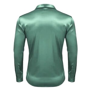 Maiyifu-GJ Mens Metallic Disco Shiny Dress Shirt Long Sleeve Button Down Nightclub Party Shirts Luxury Satin Slim Prom Shirt (Green,Large)