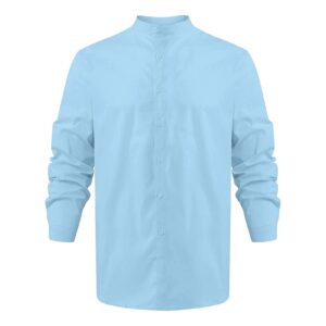 men linen button up dress shirt long sleeve casual cotton beach t shirts stand collar solid color summer yoga tops (light blue,x-large)