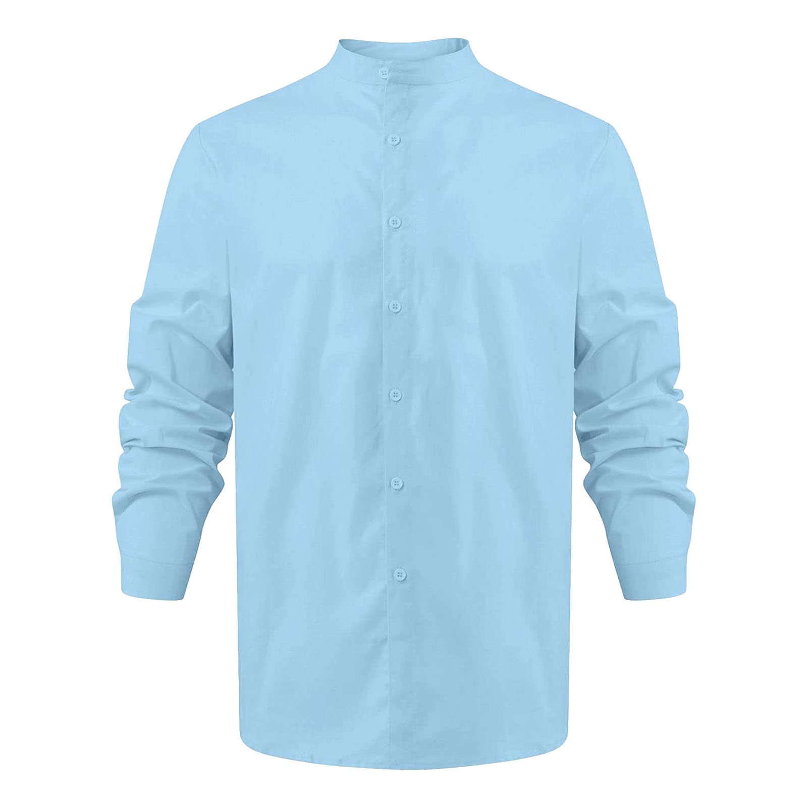 Men Linen Button Up Dress Shirt Long Sleeve Casual Cotton Beach T Shirts Stand Collar Solid Color Summer Yoga Tops (Light Blue,X-Large)