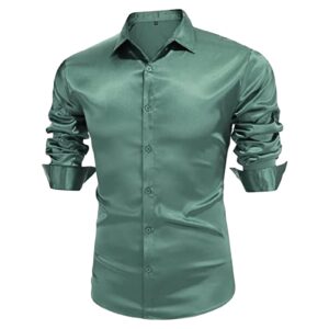 maiyifu-gj mens metallic disco shiny dress shirt long sleeve button down nightclub party shirts luxury satin slim prom shirt (green,large)