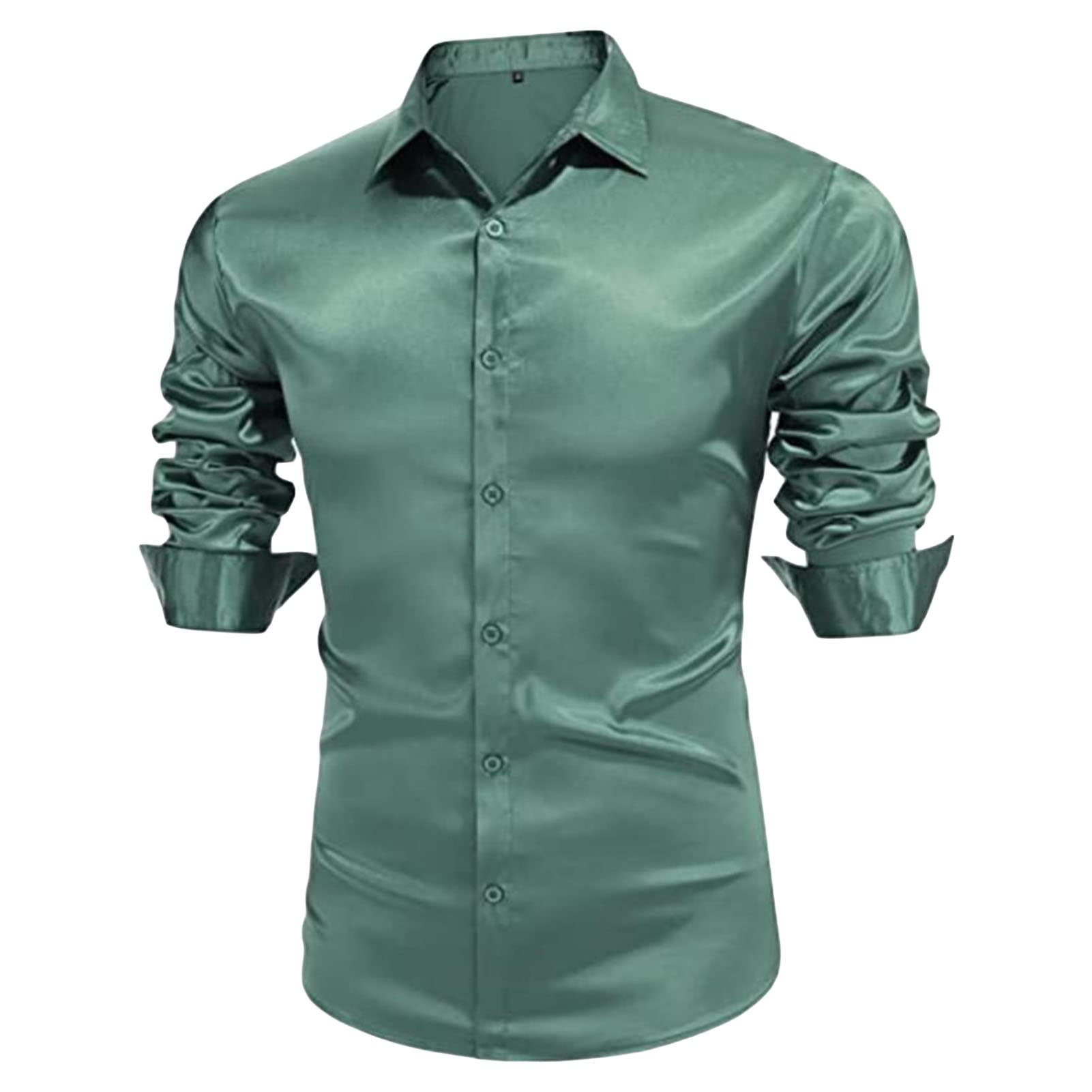 Maiyifu-GJ Mens Metallic Disco Shiny Dress Shirt Long Sleeve Button Down Nightclub Party Shirts Luxury Satin Slim Prom Shirt (Green,Large)