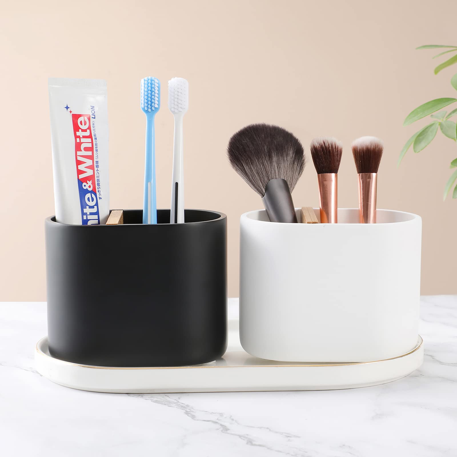 rejomiik Thick Resin Toothbrush Holders Bamboo Tooth Brushing Holder for Bathroom Countertop, Tooth Brush Storage Organizer Stand for Holds Toiletries and Beauty Accessories, Toothpaste, Razor, Black