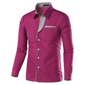 mens long sleeve stylish dress shirts patchwork casual button down shirts turn-down collar shirt top with pockets (purple,medium)