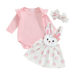 newborn baby girl pink bunny outfit long sleeve romper rabbit suspender skirt overall dress headband my 1st easter outfit (pink, 3-6 months)