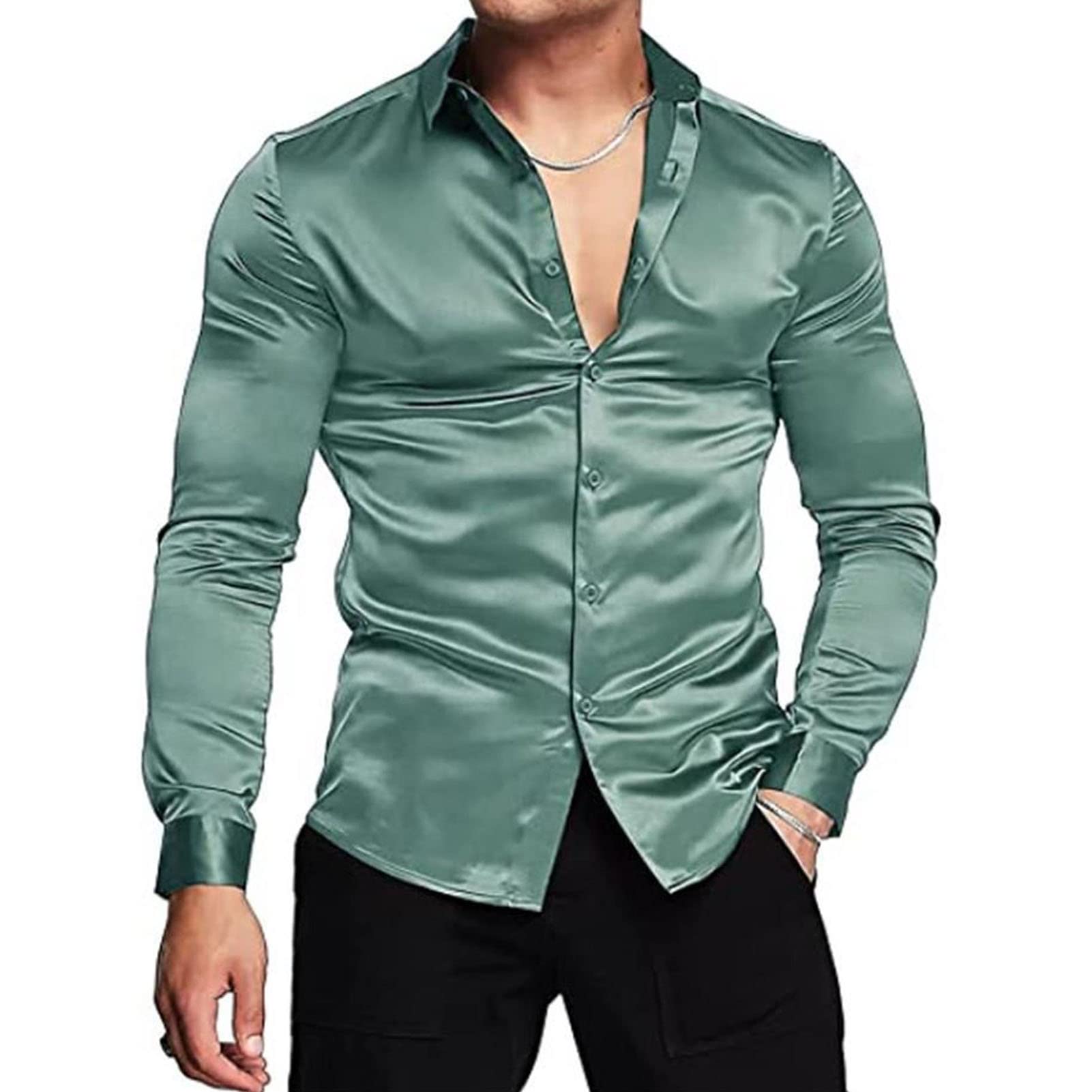 Maiyifu-GJ Mens Metallic Disco Shiny Dress Shirt Long Sleeve Button Down Nightclub Party Shirts Luxury Satin Slim Prom Shirt (Green,Large)