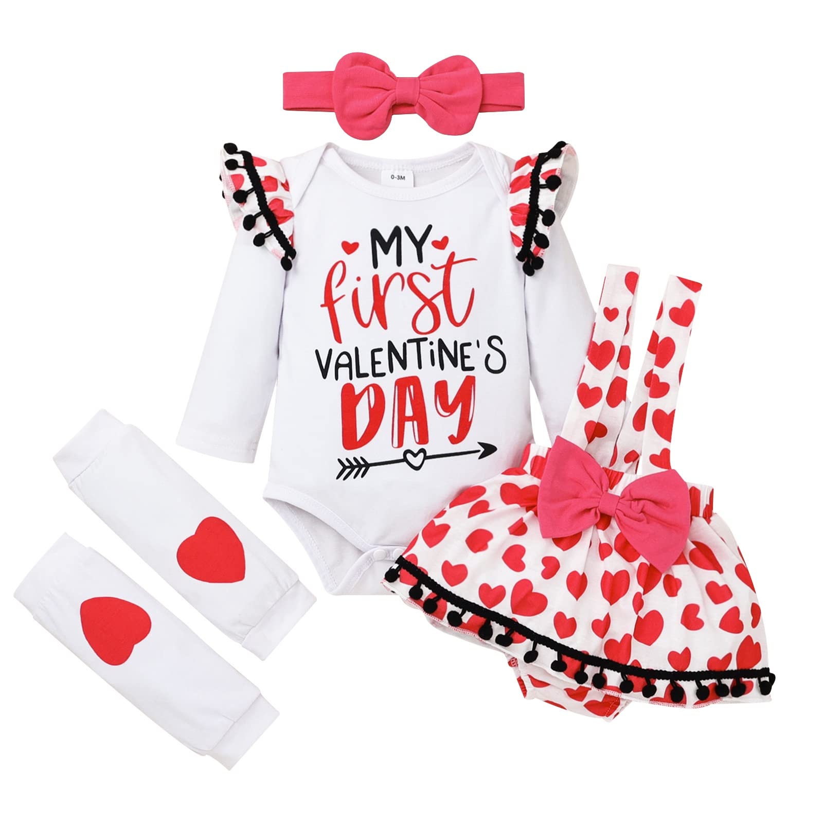 FOCUTEBB My First Valentine's Day Outfit for Infant Baby Girl Valentine Outfits Newborn Baby Girls Clothes My First Valentine Love Heart Suspenders Skirt Set 3-6 Months 70cm