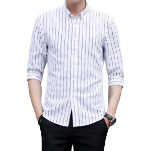 men's striped button down shirts casual turn-down collar slim fit shirts classic stylish business dress shirts (white,x-large)