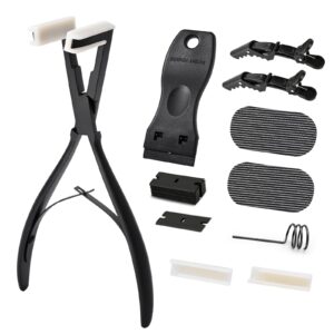 gomake tape in hair extension tools kit with flat surface stainless steel tape in hair extensions sealing clamp plier,tape remover scraper tool,hair clips, human hair extensions styling tools-black