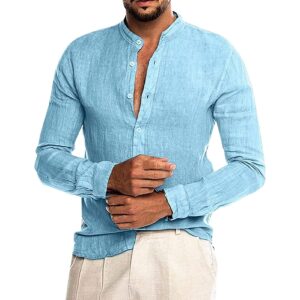 Men Linen Button Up Dress Shirt Long Sleeve Casual Cotton Beach T Shirts Stand Collar Solid Color Summer Yoga Tops (Light Blue,X-Large)