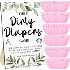 roowest 51 pcs dirty diaper baby shower games funny wooden dirty diaper game sign with 50 pcs mini diapers cute felt diaper for gender reveal party baby shower game(greenery pink)