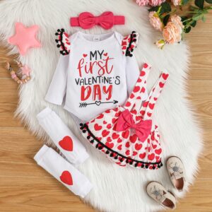 FOCUTEBB My First Valentine's Day Outfit for Infant Baby Girl Valentine Outfits Newborn Baby Girls Clothes My First Valentine Love Heart Suspenders Skirt Set 3-6 Months 70cm