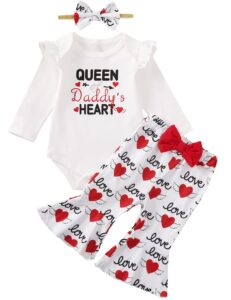 singcoco newborn girl valentine's day clothes baby queen of daddy's heart flare pant outfit (white, 3-6 months)