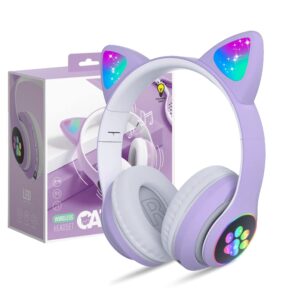 kerhand bluetooth headphones for kids, cute ear cat ear led light up foldable headphones stereo over ear with microphone/tf card wireless headphone for iphone/ipad/smartphone/laptop/pc/tv (purple)