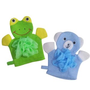 kids bath mitts loofah for kids 2 pack exfoliating glove body scrubber for shower wash cute design gloves, easy to lather