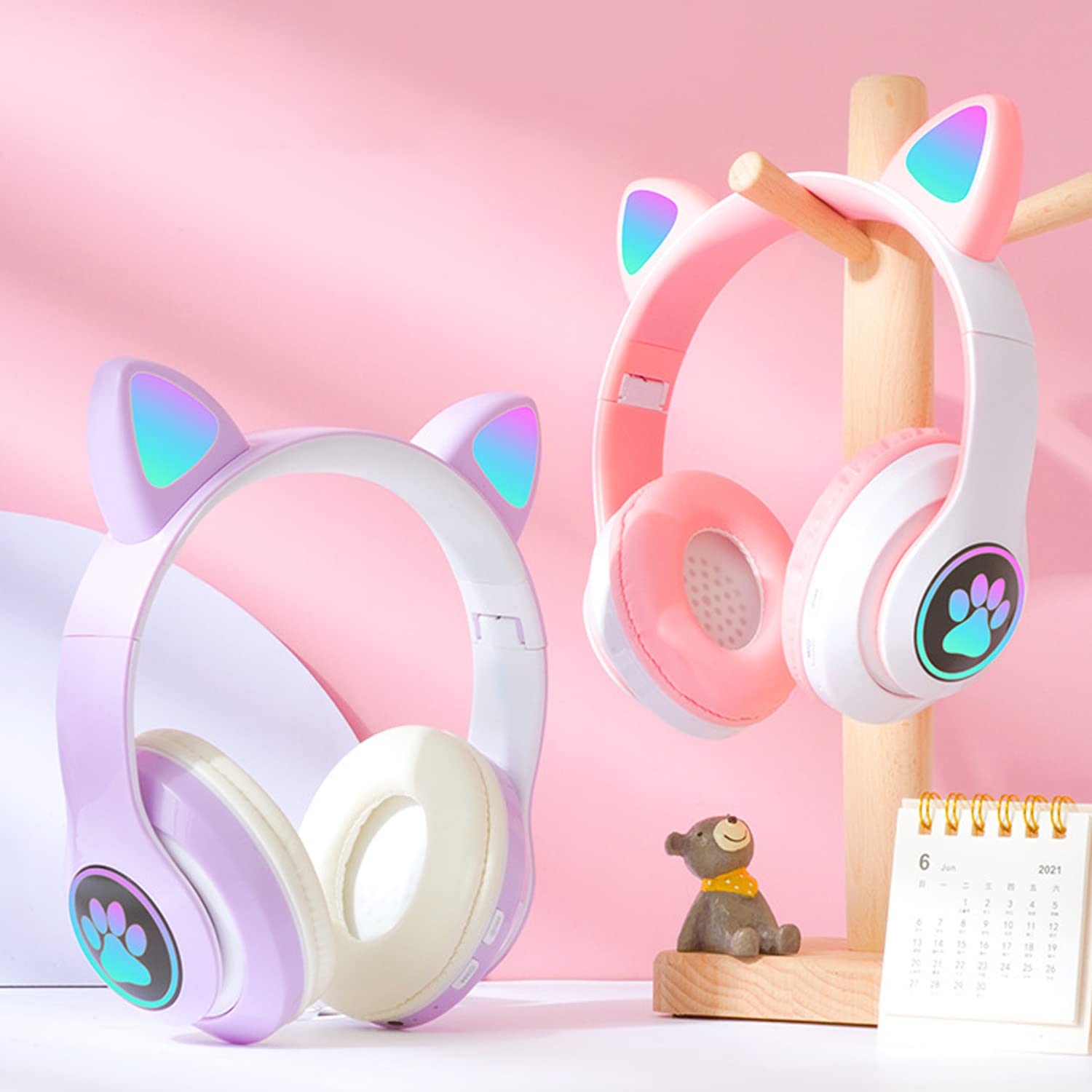 KERHAND Bluetooth Headphones for Kids, Cute Ear Cat Ear LED Light Up Foldable Headphones Stereo Over Ear with Microphone/TF Card Wireless Headphone for iPhone/iPad/Smartphone/Laptop/PC/TV (Purple)