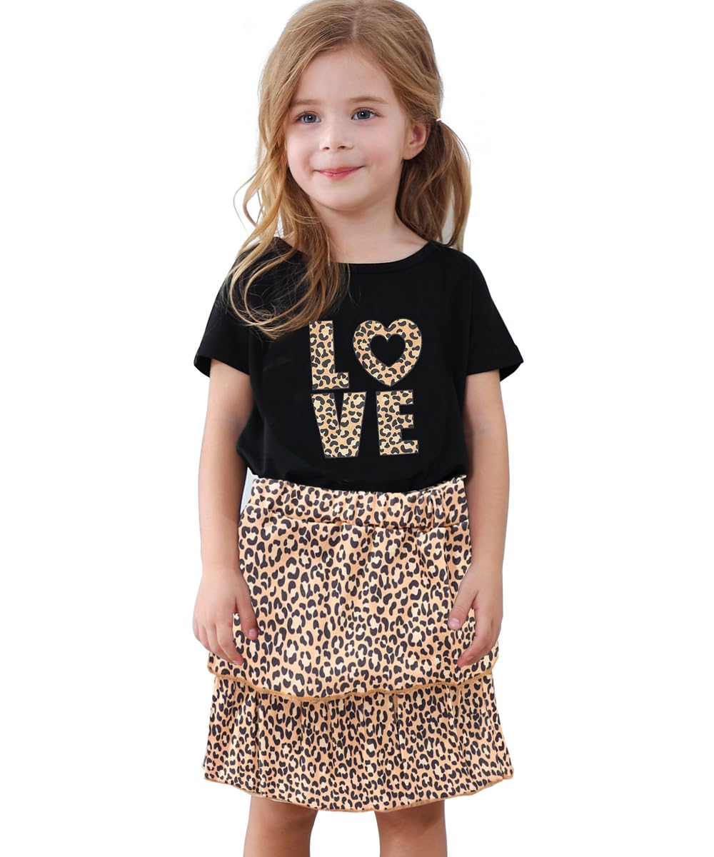 Girls Summer Outfits Two Piece Letter Print Short Sleeve Shirt Cheetah Layered Skirt Picture Day Outfits for School 7t