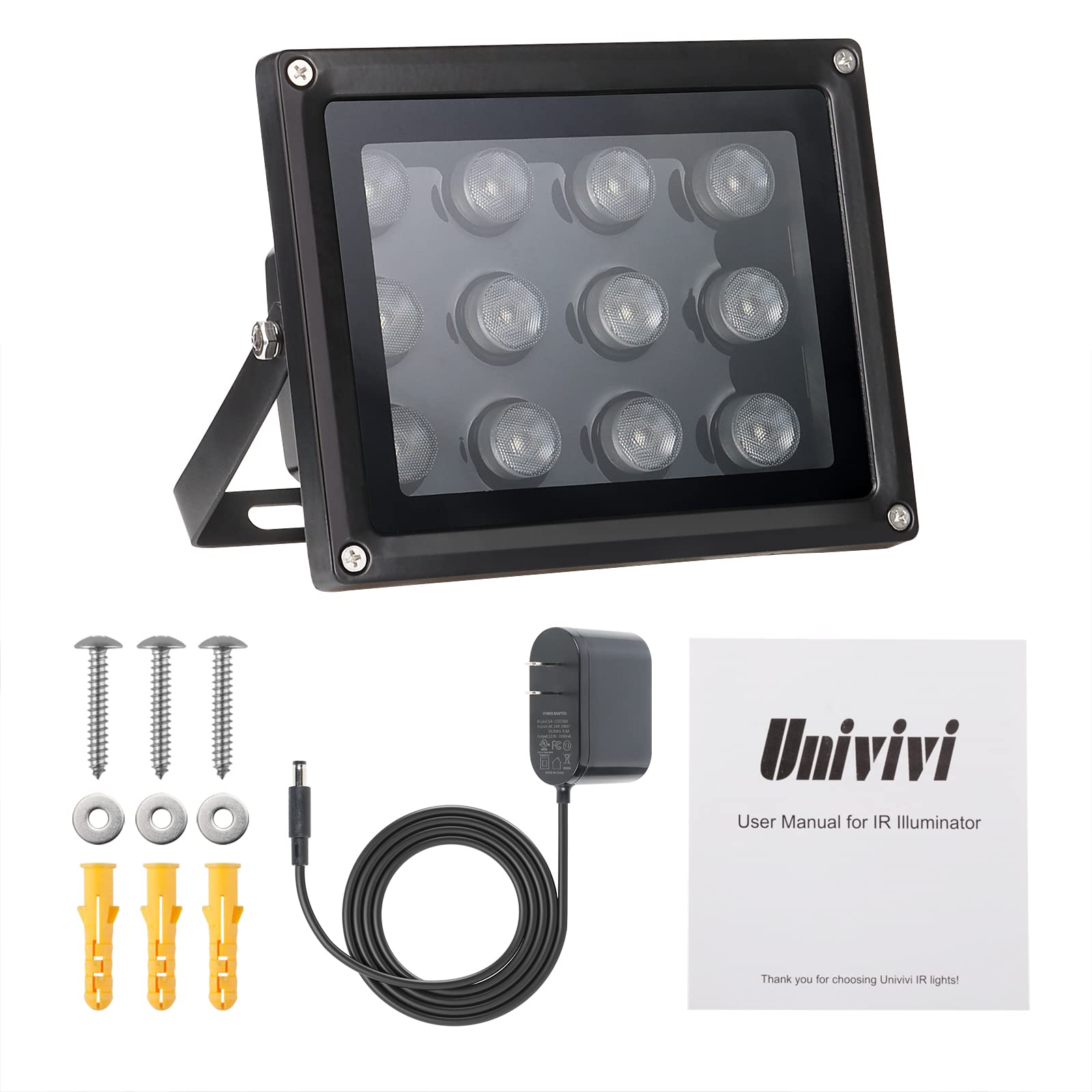 Univivi Ir Illuminator for Security Camera with Power Adapter 850nm Infrared Illuminator 90 Degree Wide Angle 8-LEDs& 12-LED IR Infrared Light for Security Cameras