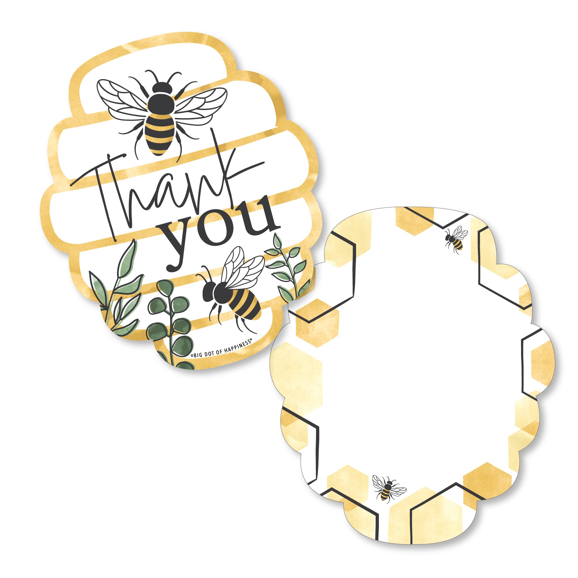 Big Dot of Happiness Little Bumblebee - Shaped Thank You Cards - Bee Baby Shower or Birthday Party Thank You Note Cards with Envelopes - Set of 12