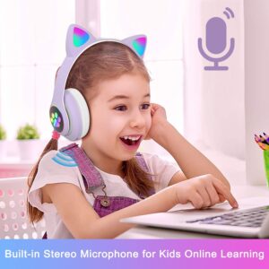 KERHAND Bluetooth Headphones for Kids, Cute Ear Cat Ear LED Light Up Foldable Headphones Stereo Over Ear with Microphone/TF Card Wireless Headphone for iPhone/iPad/Smartphone/Laptop/PC/TV (Purple)