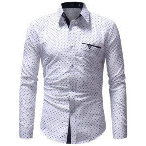 mens polka dots dress shirts casual classic printed long sleeve shirt turn-down collar slim fit button down shirt (white,large)