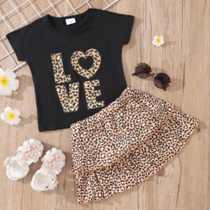 Girls Summer Outfits Two Piece Letter Print Short Sleeve Shirt Cheetah Layered Skirt Picture Day Outfits for School 7t