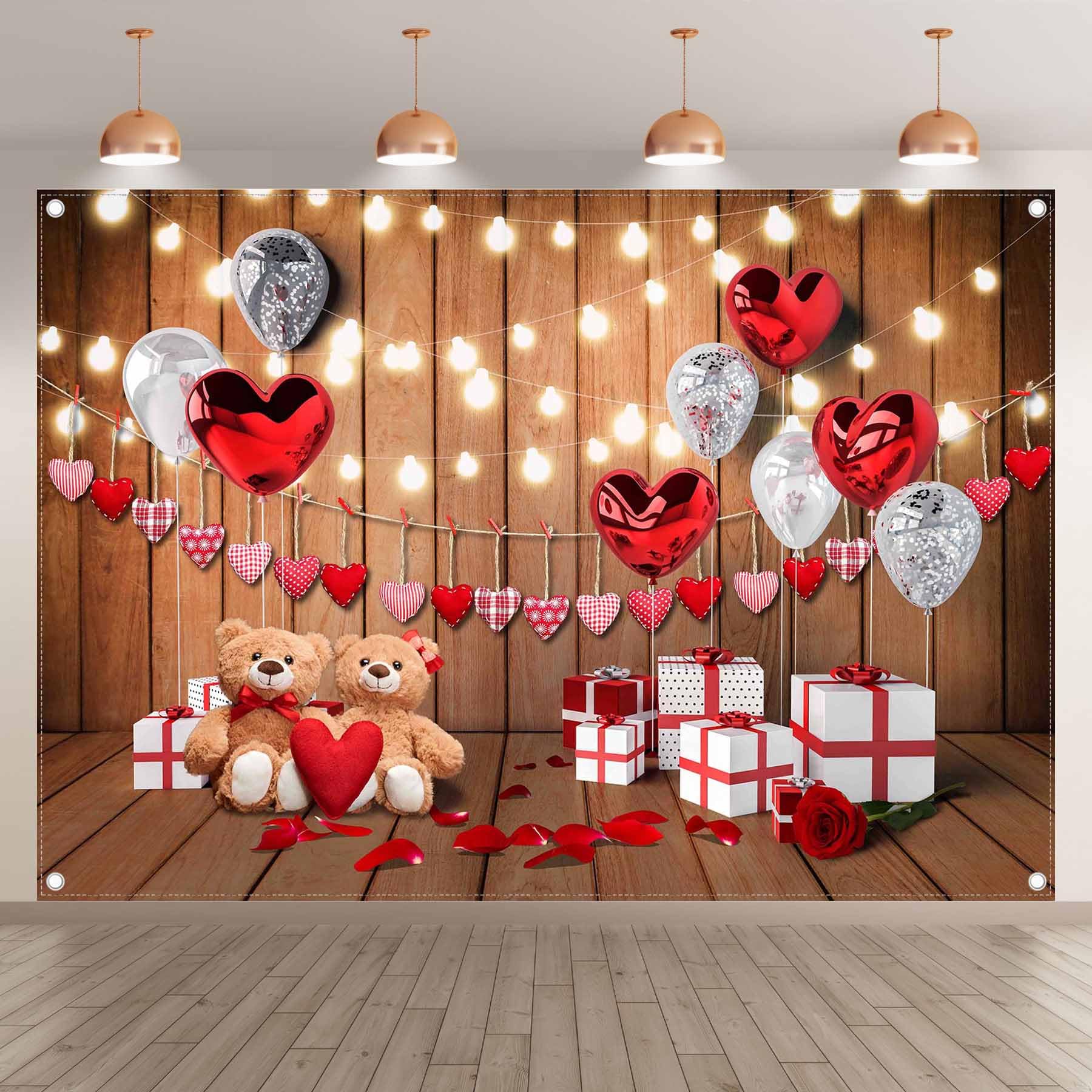 YCUCUEI 7x5ft Valentine's Day Balloons Gift Photography Backdrop Wood Love Heart Toy Bear Decorations Background Birthday Banner Photo Booth Studio Prop