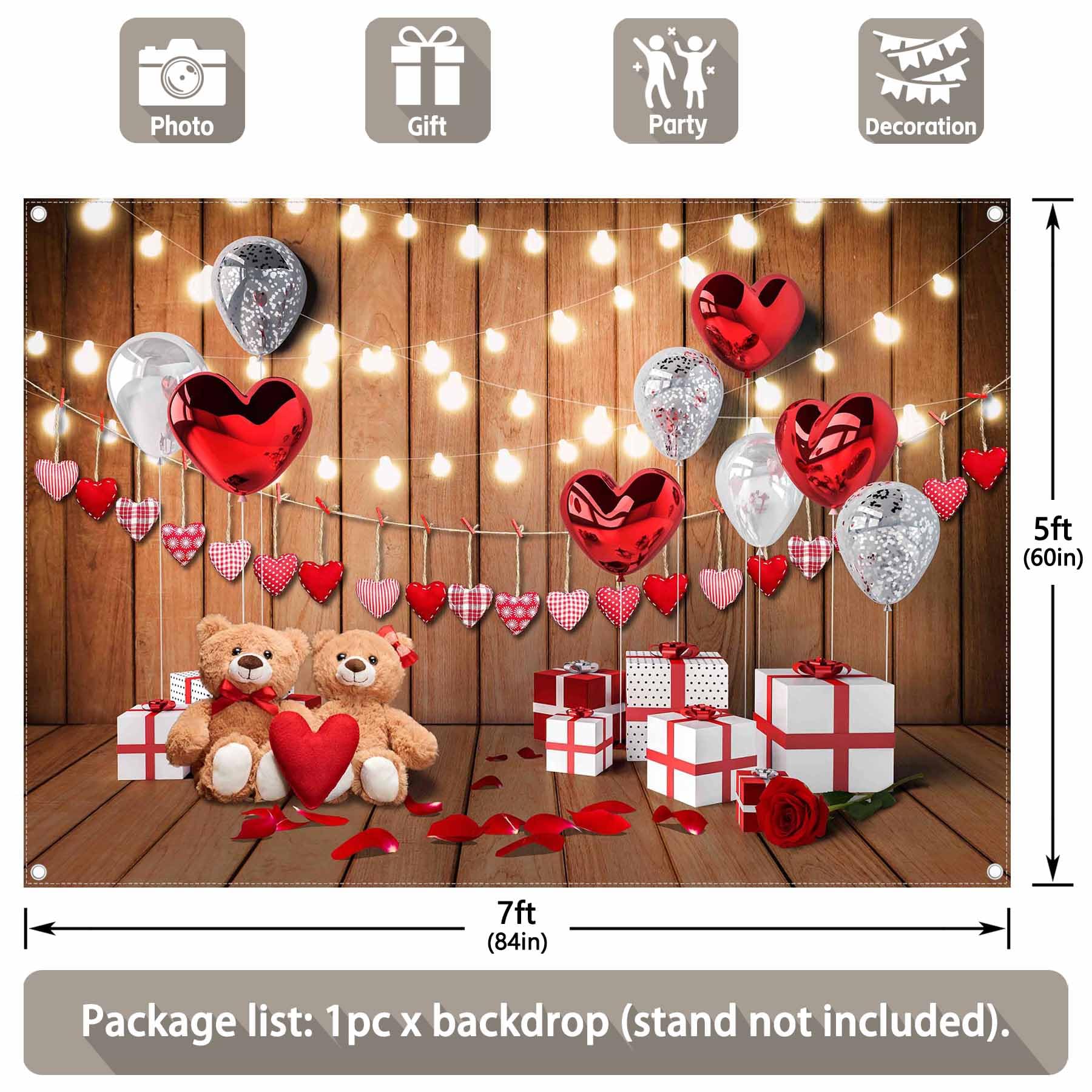 YCUCUEI 7x5ft Valentine's Day Balloons Gift Photography Backdrop Wood Love Heart Toy Bear Decorations Background Birthday Banner Photo Booth Studio Prop