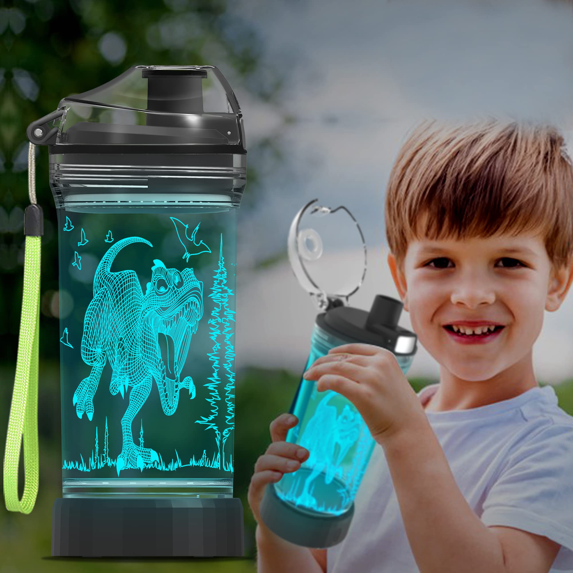 Ammonite Dinosaur Water Bottle for Kids 3D Glowing LED Light T-rex 14 OZ Tritan BPA Free - Creative Ideal Travel Cup Dinosaur Jurassic Gift for School Kid Boy Child Holiday Camping Picnic