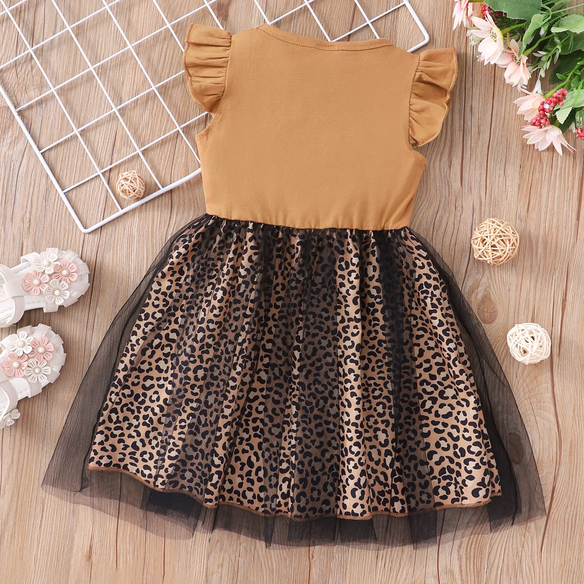 Girls Leopard Dress Tulle Dress for Toddler Girls Ruffle Sleeve Tutu Sundress Summer Clothes Baby Girl Leopard Outfits Cheetah Print Dress 4-5t 1313